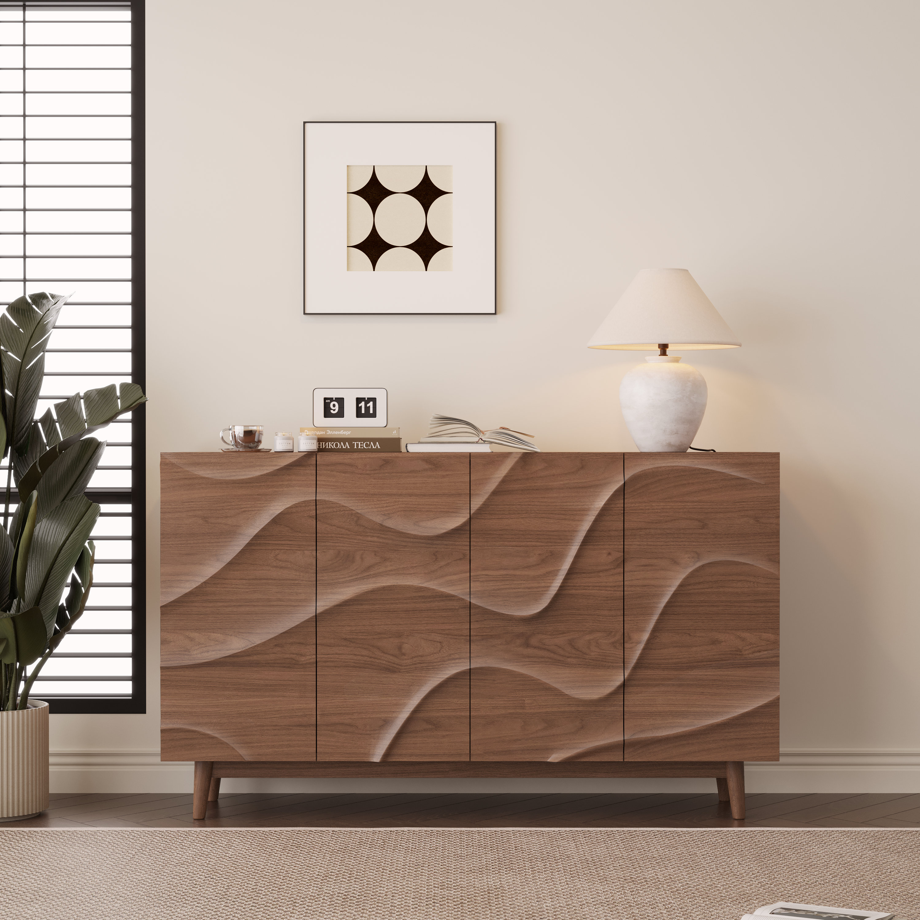 Orren Ellis 58.85" Wide Sideboard with Solid Wood Legs, Sculptural Walnut Wave Design,Full ...